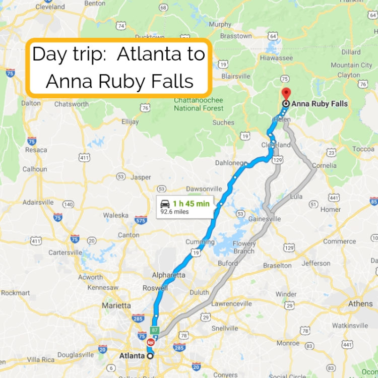 Day trip_ Atlanta to Anna Ruby Falls map - 2TravelDads